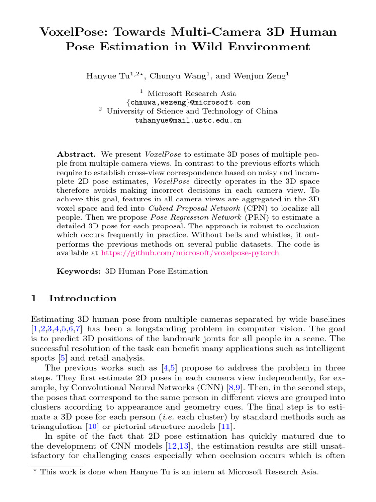 200406239 Voxelpose Towards Multi Camera 3d Human Pose Estimation In Wild Environment Pdf 
