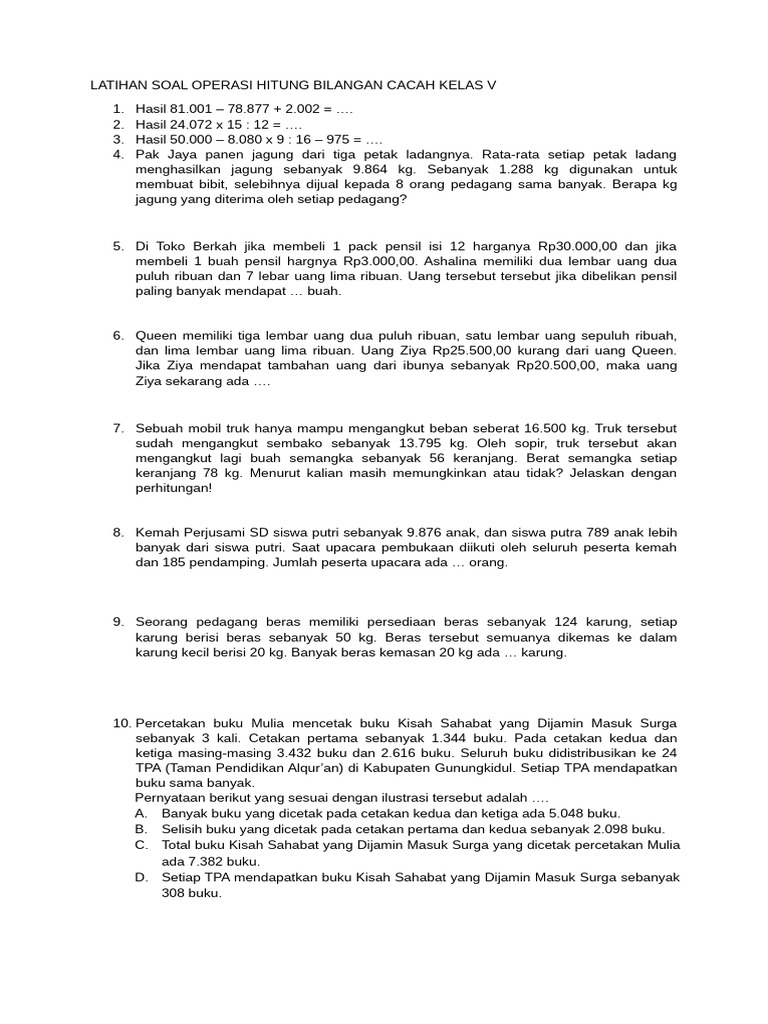Latihan Soal Operasi Hitung Bilangan Cacah Kelas V | PDF