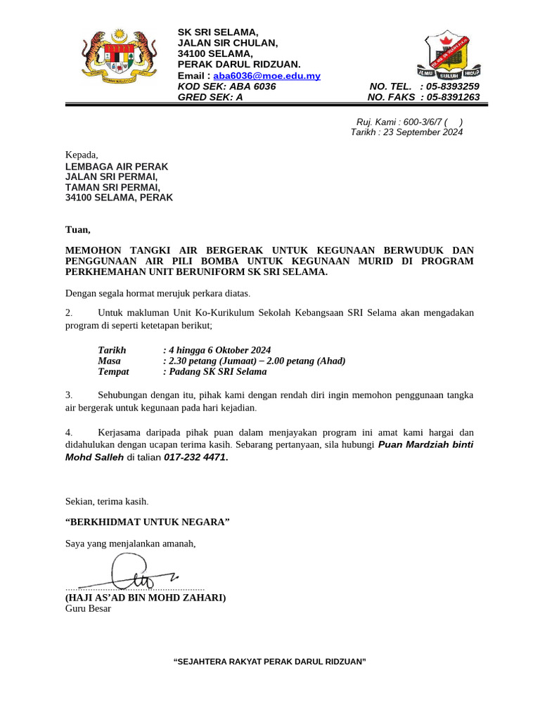 Surat Memohon Pili Bomba Dan Tangki Air - Lap - 2024 | PDF