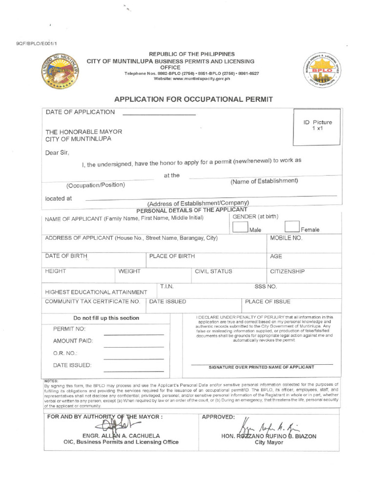 Occupational Permit Application Form | PDF