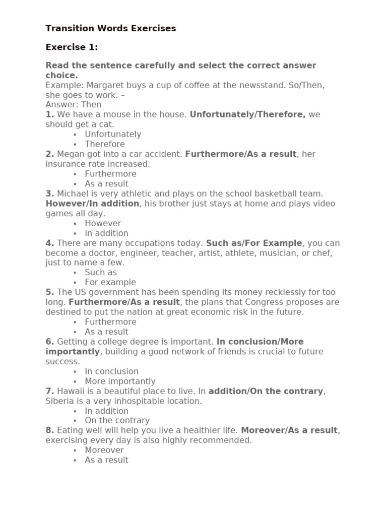 Transition Words Exercises | PDF | Economies