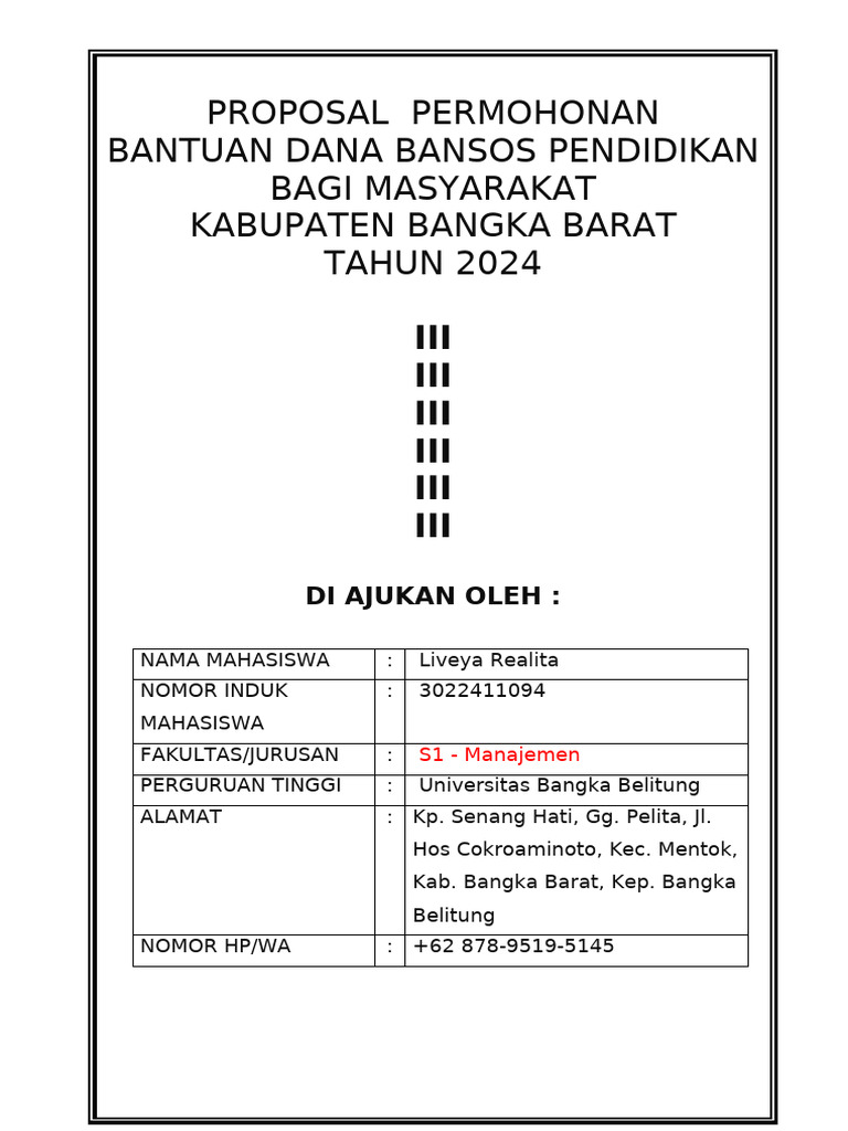 Proposal Bansos Pendidikan Kabupaten Liveya Realita 2024 | PDF