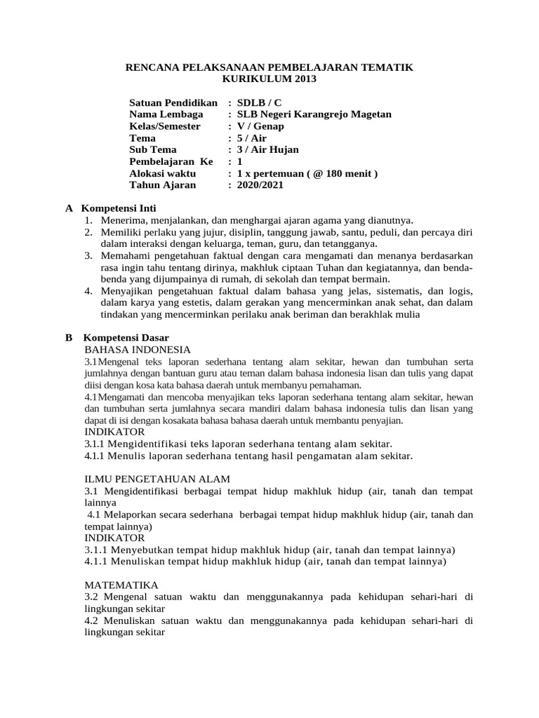 RPP Tunagrahita Kelas 5 Tema 5 Subtema 3 | PDF