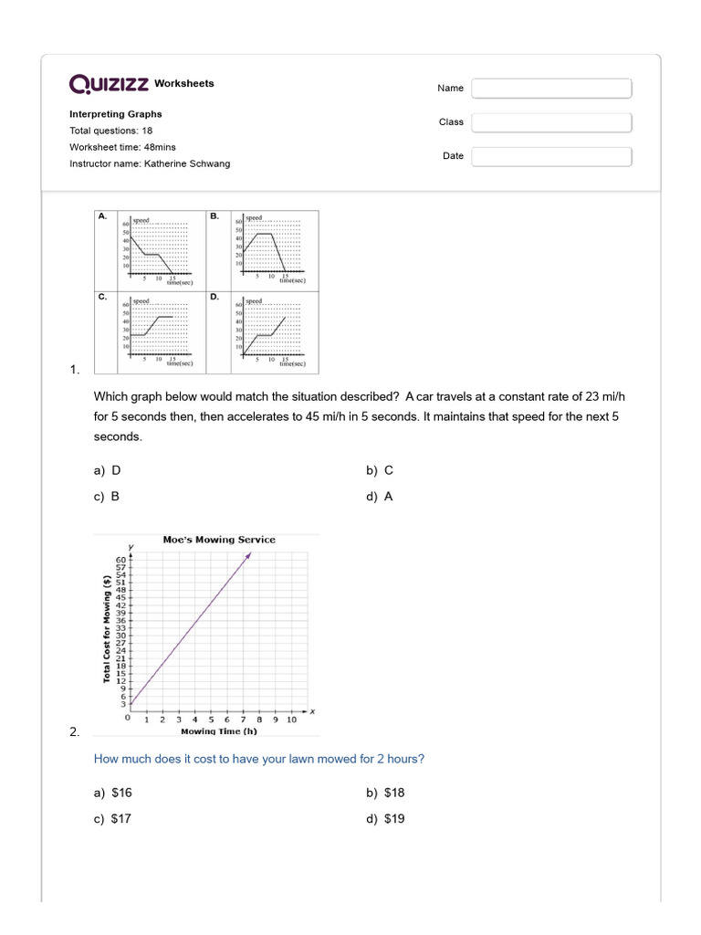 Graph Interpretation Worksheets | PDF | Speed | Acceleration