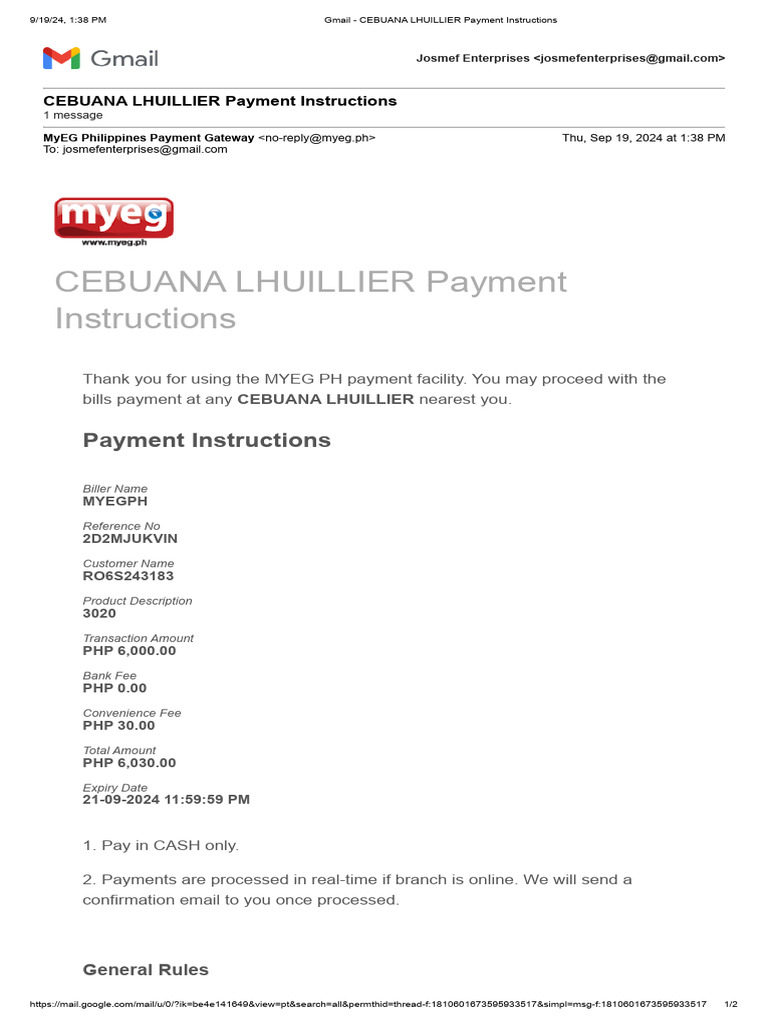 Gmail - CEBUANA LHUILLIER Payment Instructions-09!19!24 | PDF