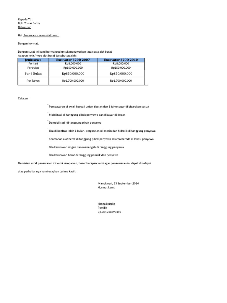 Surat Penawaran Alat Berat | PDF