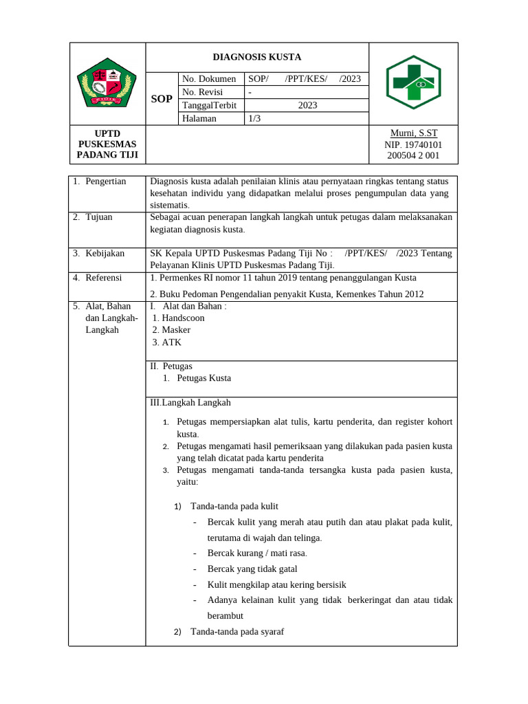 Sop Diagnosis Kusta Ptiji | PDF