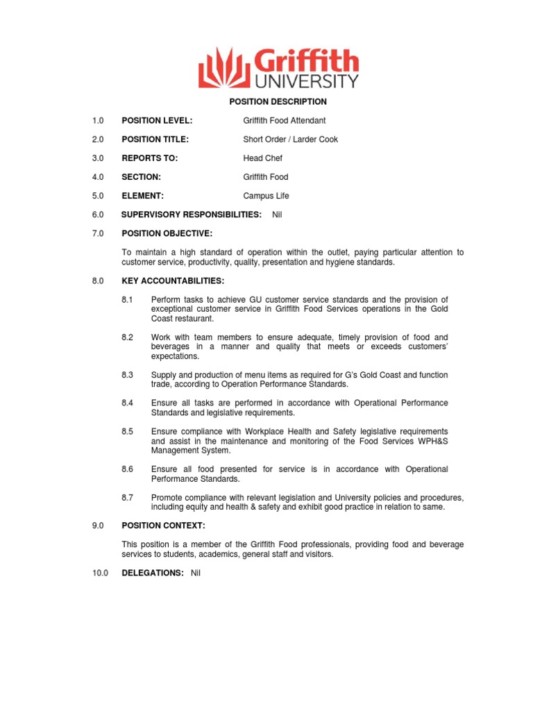 Griffith Short Order Cook Position | PDF | Foods | Safety