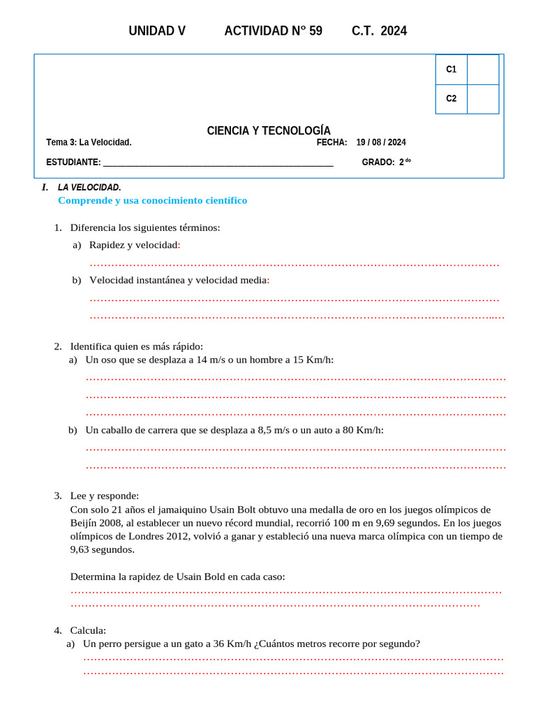 ACTIVIDAD N 59 U5 T3 y 4 La Velocidad y Aceleracion. | PDF