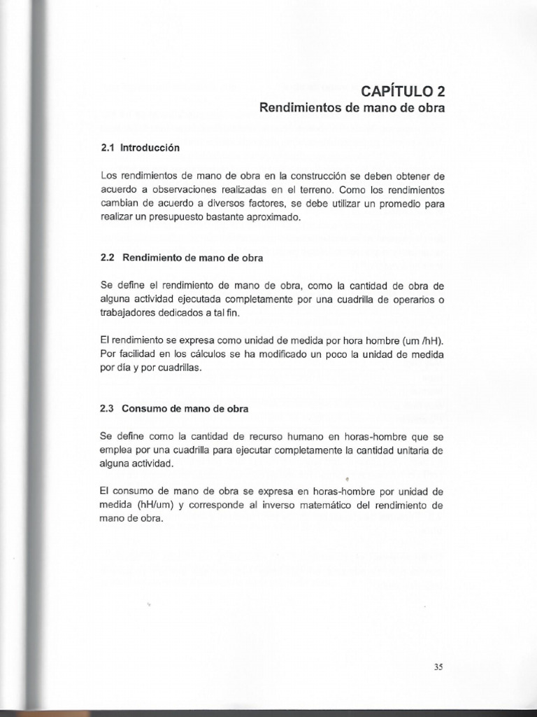 Rendimientos de Mano de Obra | PDF