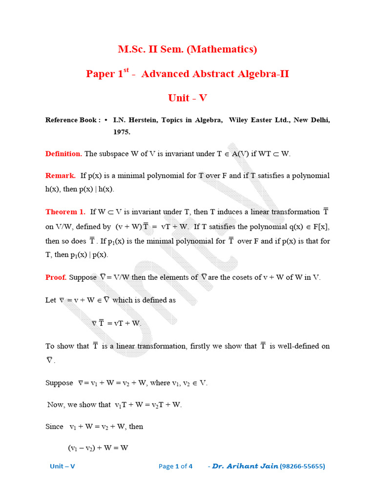 6th Lecture M SC II Adv Abs Algebra II DR Arihant Jain | PDF