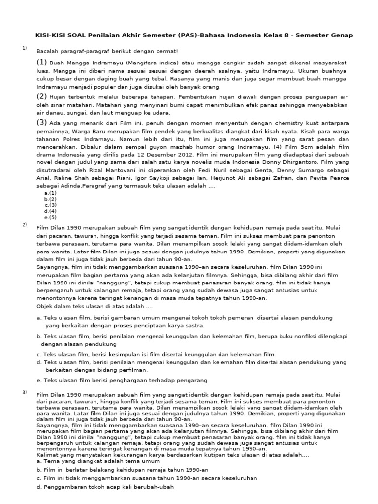 Lembar Soal Penilaian Akhir Semester (PAS) - Bahasa Indonesia Kelas 8 - Semester Genap | PDF