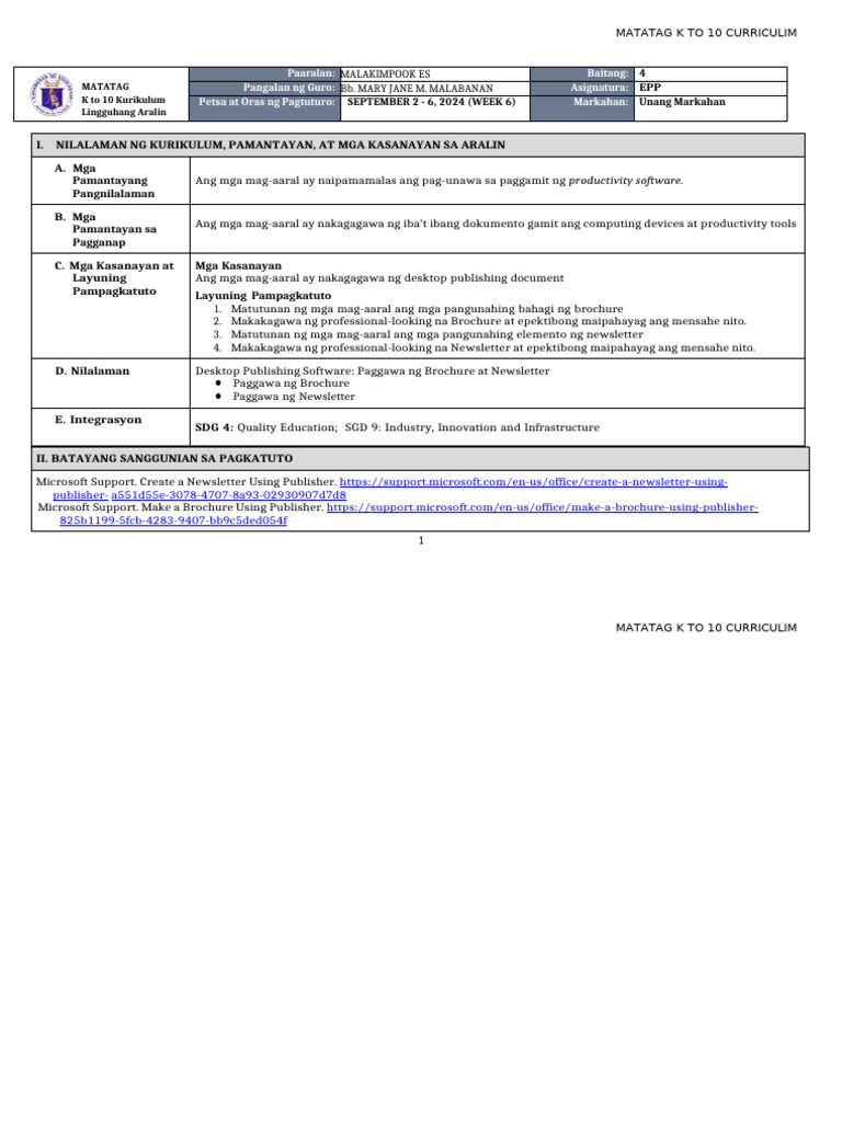 DLL Matatag - Epp 4 Q1 W6 | PDF