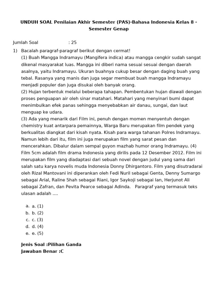 Lembar Soal Penilaian Akhir Semester (PAS) - Bahasa Indonesia Kelas 8 - Semester Genap | PDF