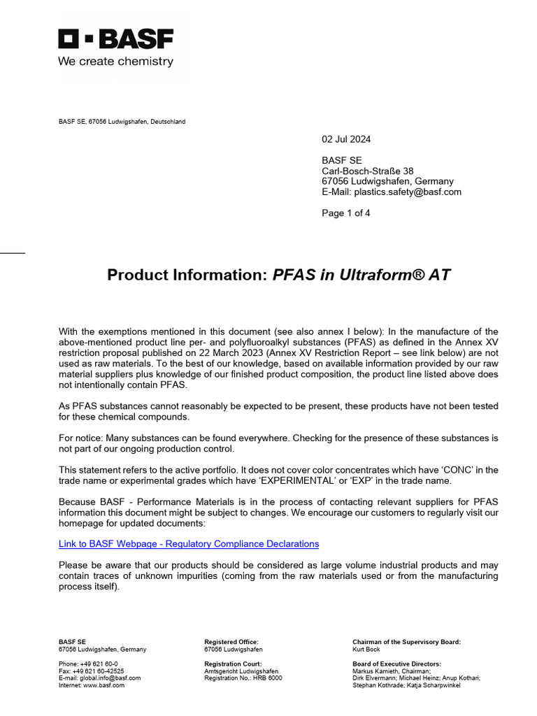 PFAS Declaration for Ultraform® AT Products | PDF