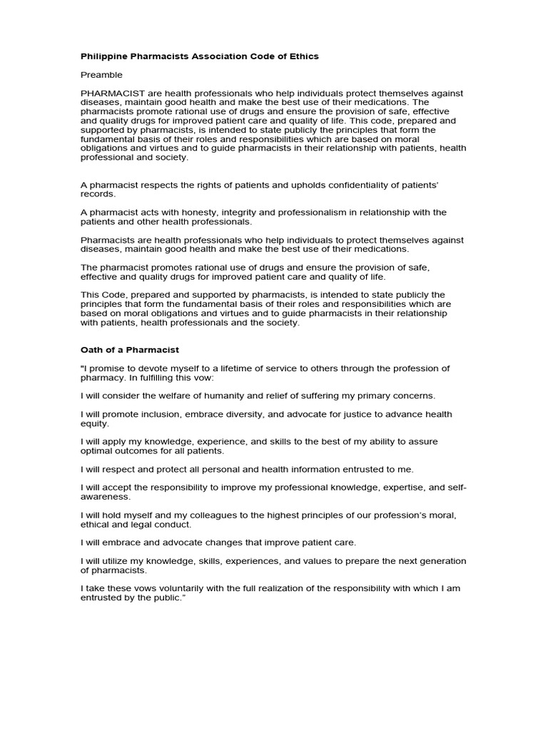 Philippine Pharmacists Association Code of Ethics and Oath of A ...