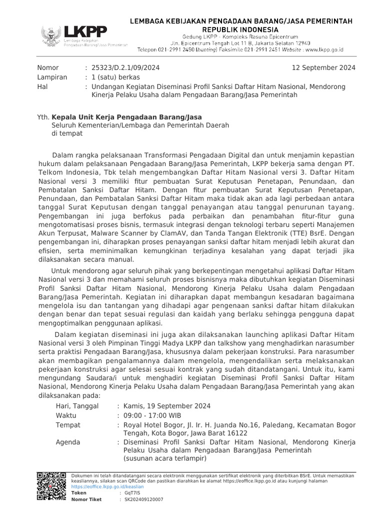 Undangan Kegiatan Diseminasi Profil Sanksi Daftar Hitam Nasional Eks | PDF