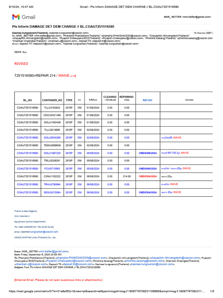 Gmail - Pls Inform DAMAGE DET DEM CHARGE - BL - COAU7251516580 | PDF