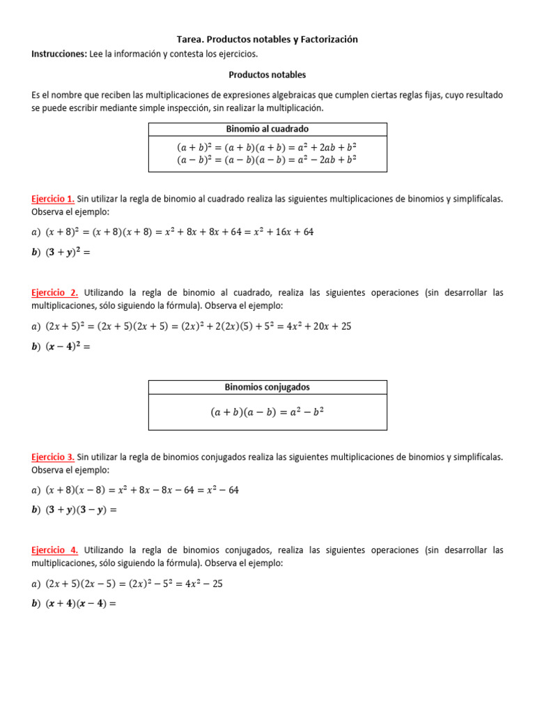 Tarea. Productos Notables y Factorización I | PDF