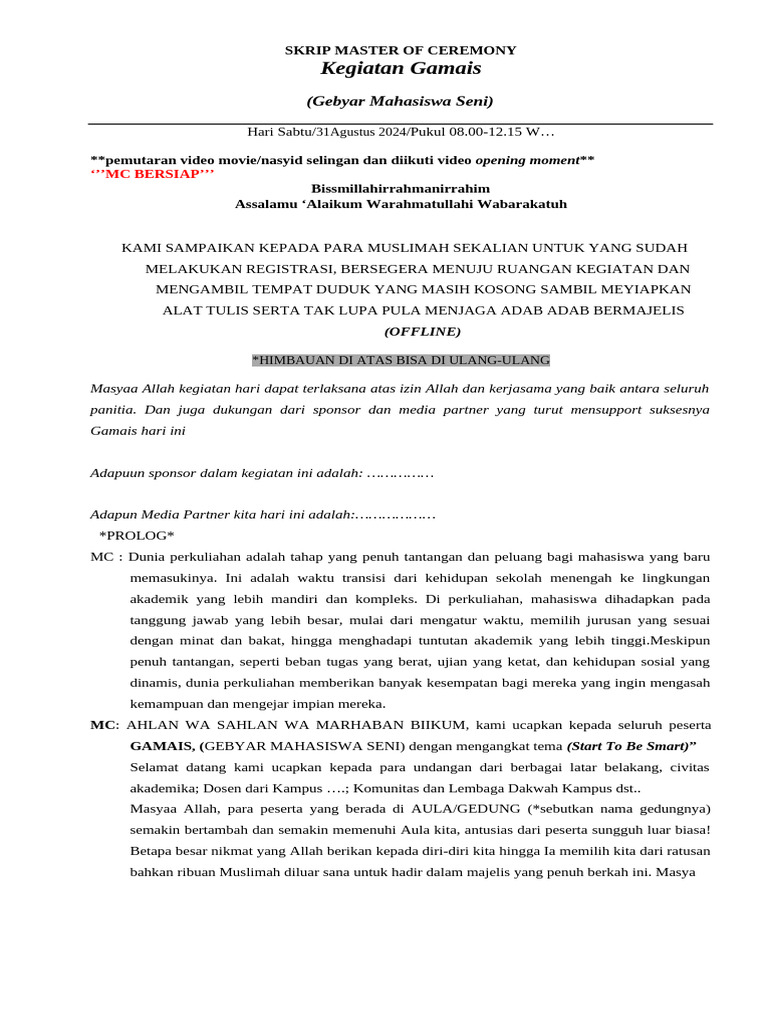 Skrip MC - Kegiatan Gamais | PDF