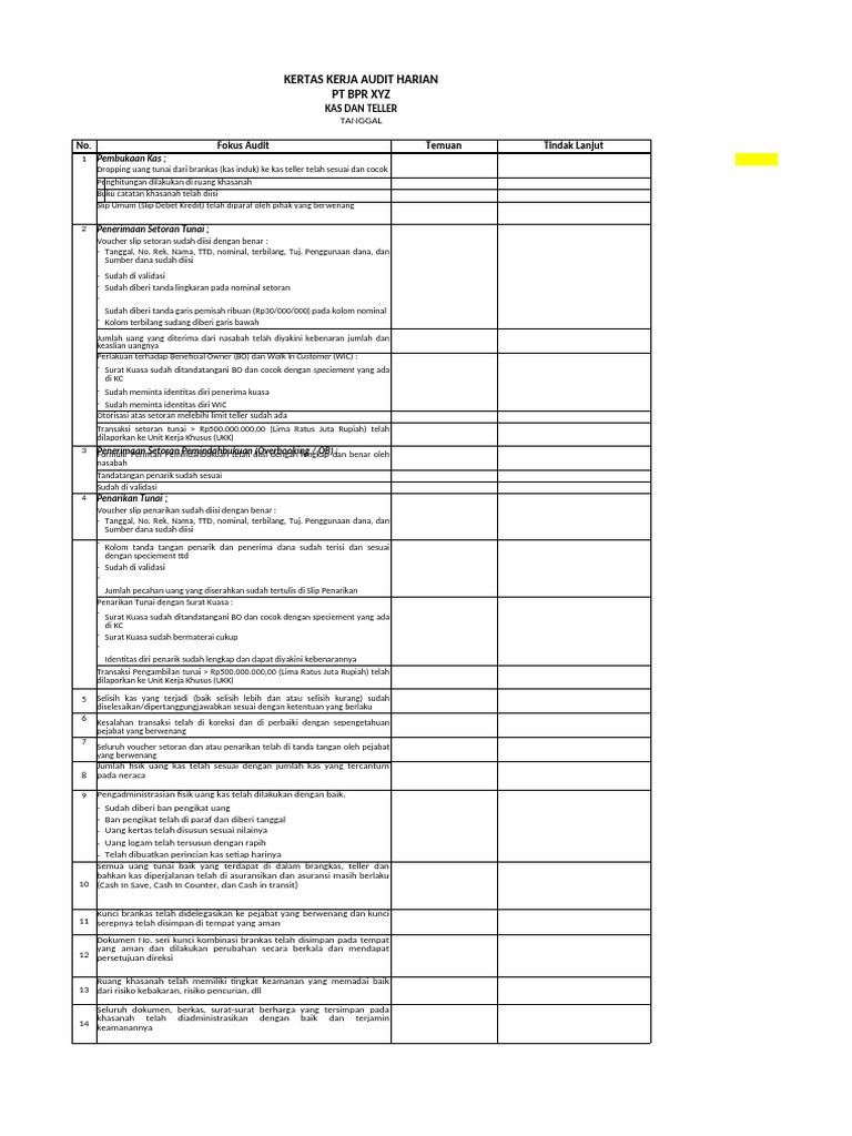 Kertas Kerja Audit Harian- Teller | PDF