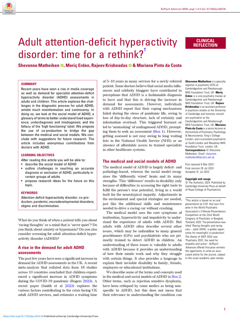 Adult Attention Deficit Hyperactivity Disorder Time For A Rethink | PDF
