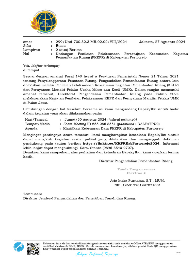 Surat Undangan Penilaian KKPR Kab. Purworejo 2024 | PDF