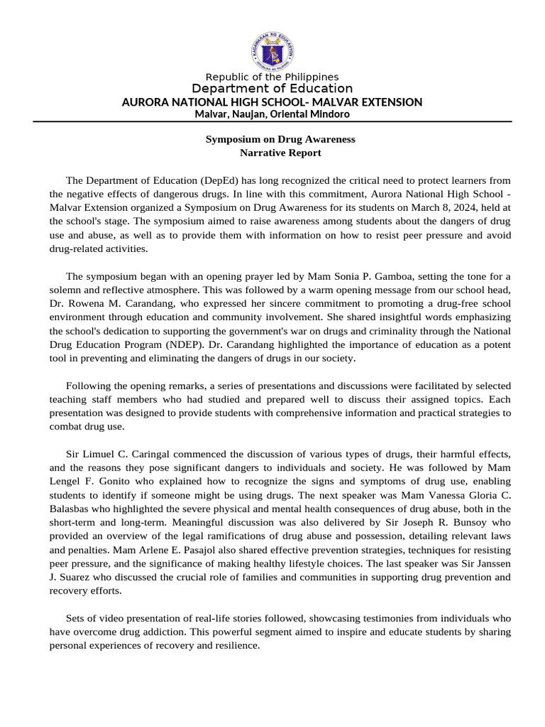 Drug Education Narrative Report | PDF | Social Psychology | Behavior ...