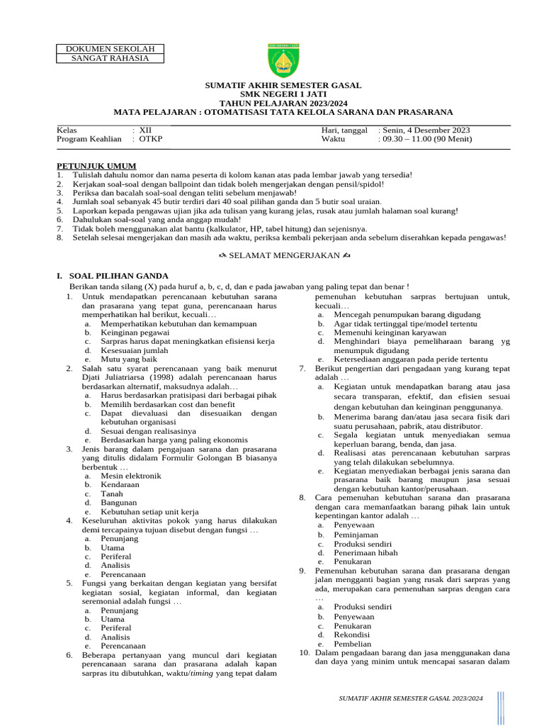 FORMAT SOAL SARPRAS PAS GASAL 2023-2024 Tanpa Kunci | PDF