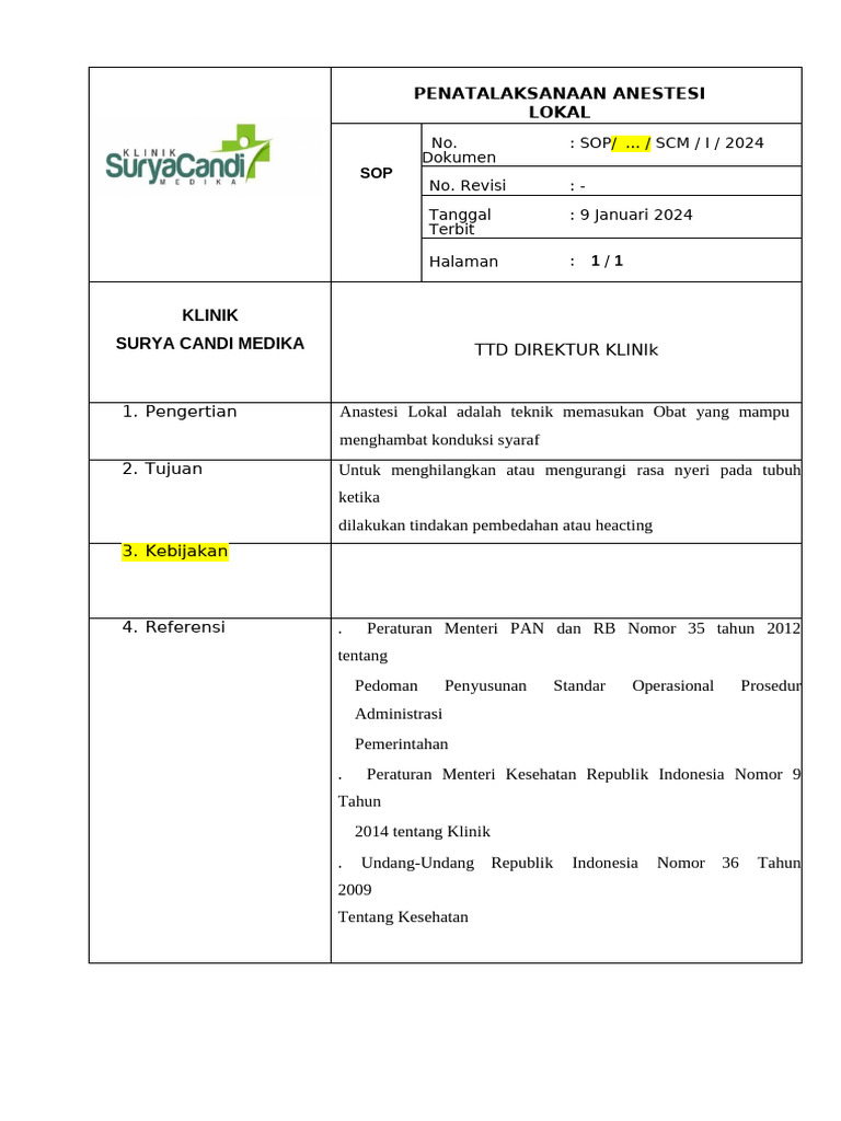 SOP ANASTESI LOKAL | PDF