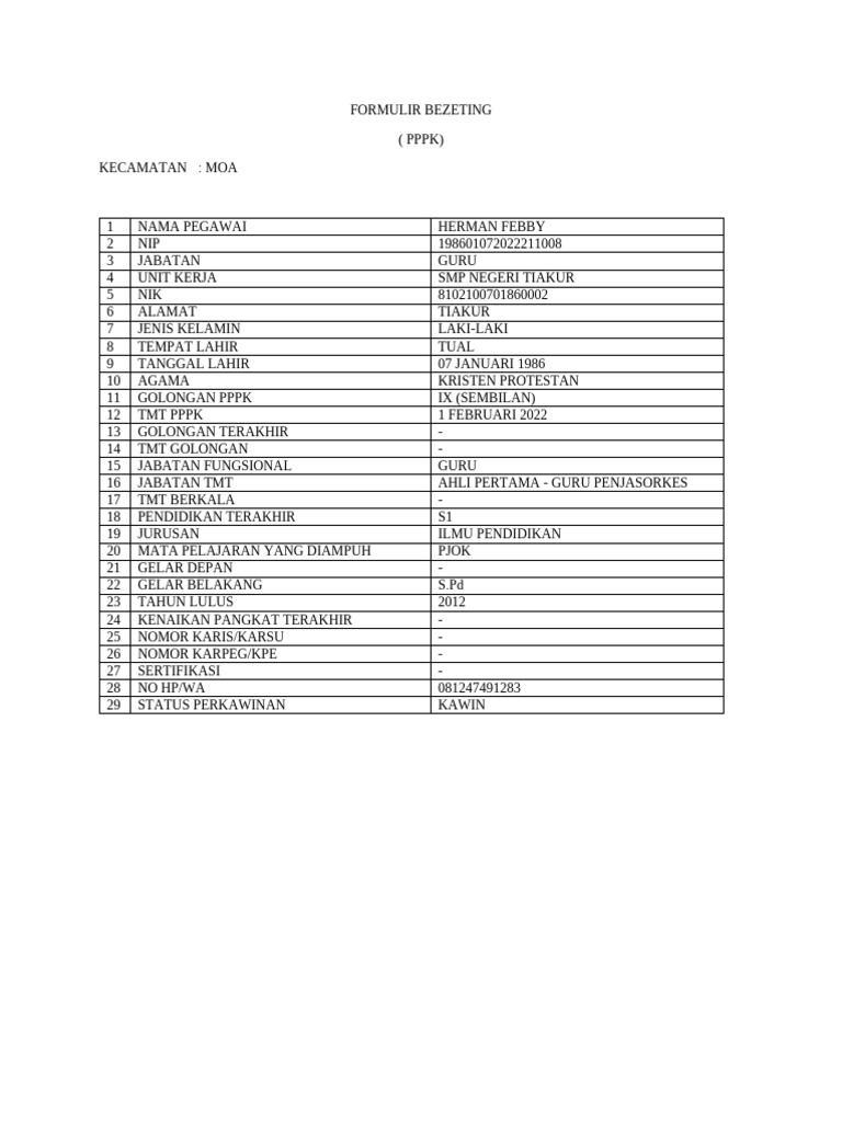 Formulir Bezeting Erick | PDF