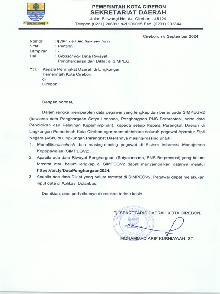 Surat Crosscheck Data Penghargaan Dan Diklat | PDF