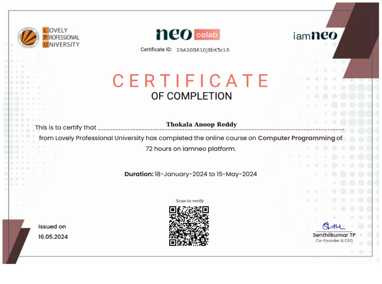 C Language Neo Collab Certificate | PDF