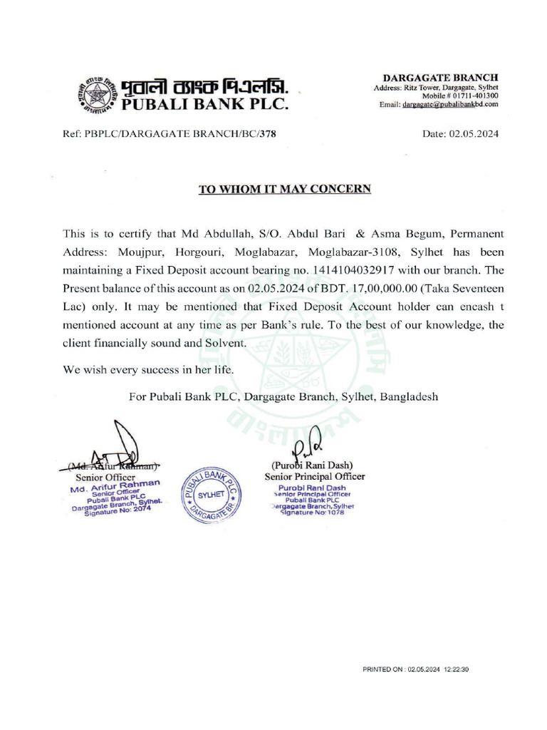 Abdullah FDR Solvancy & Statement | PDF