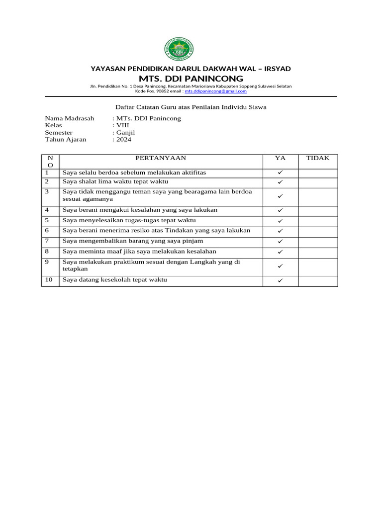 Daftar Catatan Guru Atas Penilaian Individu Siswa | PDF