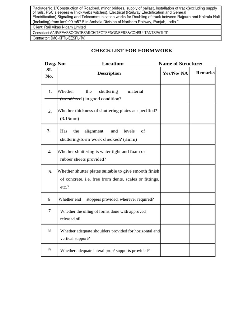 CHECKLIST FORMWORK | PDF