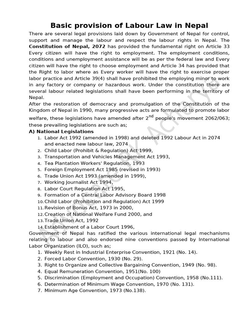 Basic Provision of Labour Law in Nepal | PDF