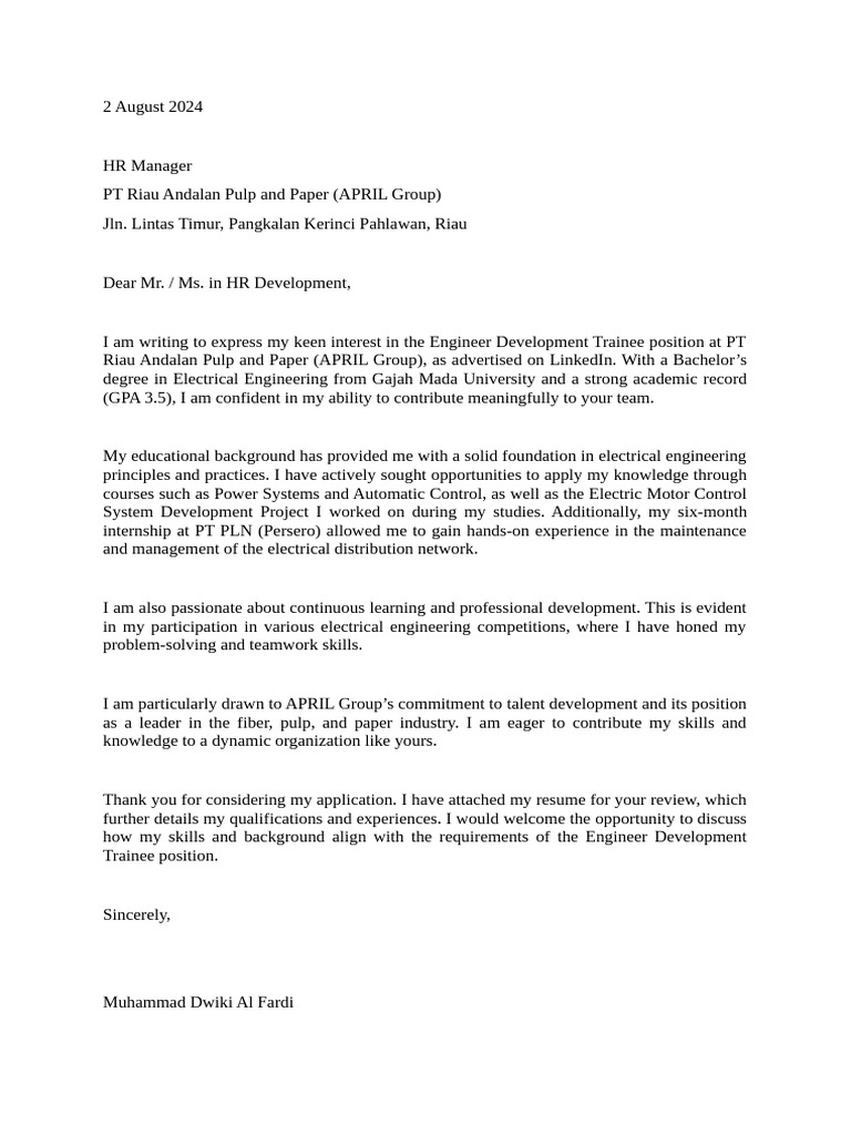 Application Letter by Muhammad Dwiki Al Fardi | PDF