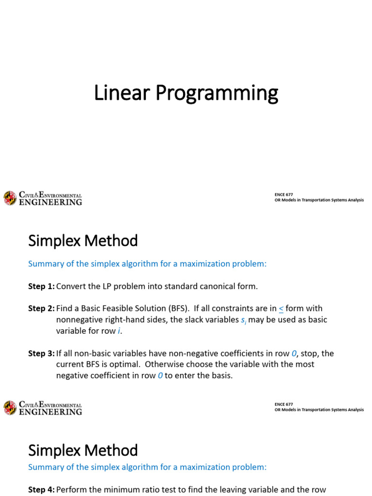 ENCE 677, W2-2.Linear Programming, Simplex Tableau, Big M Method | PDF