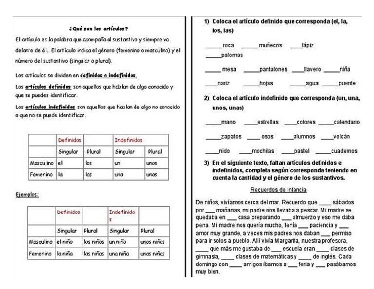 Actividad Articulos Def e Indef Abril - Cuarto y Quinto | PDF