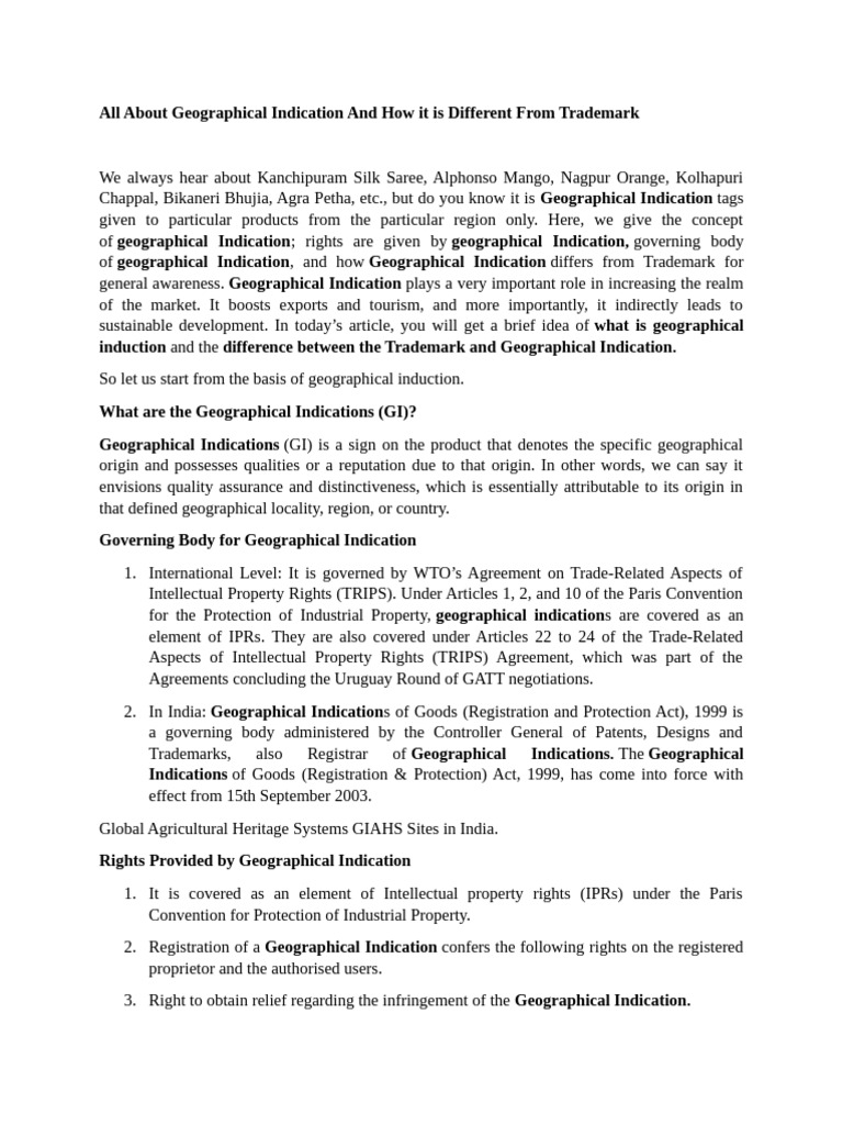All About Geographical Indication and How It Is Different From Trademark | PDF