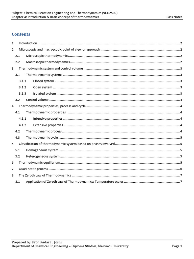 Class Notes Chapter 4 Introduction & Basic Concept of Thermodynamics | PDF