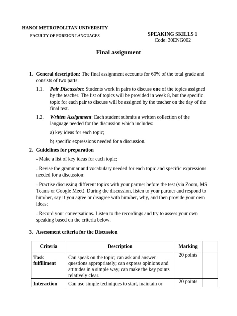 Final assignment -speaking & listening 1 | PDF