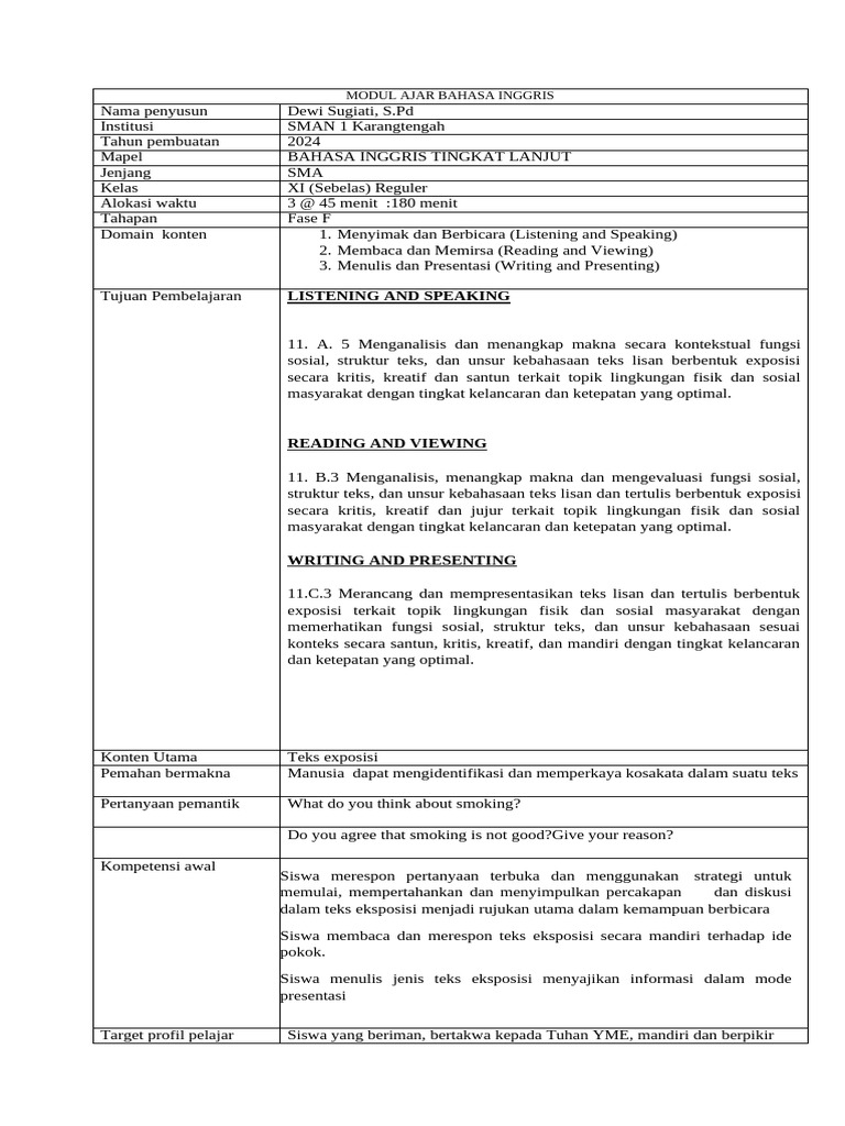 Modul Ajar Fase F Exposition | PDF