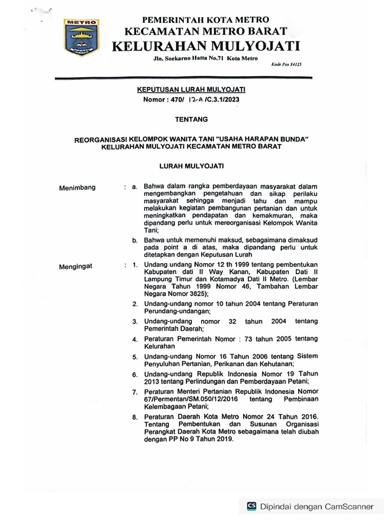 SK Reorganisasi KWT Usaha Harapan Bunda | PDF
