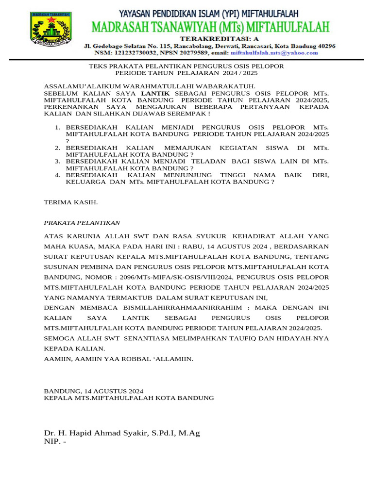 Teks Janji OSIS MTs. Mifa | PDF