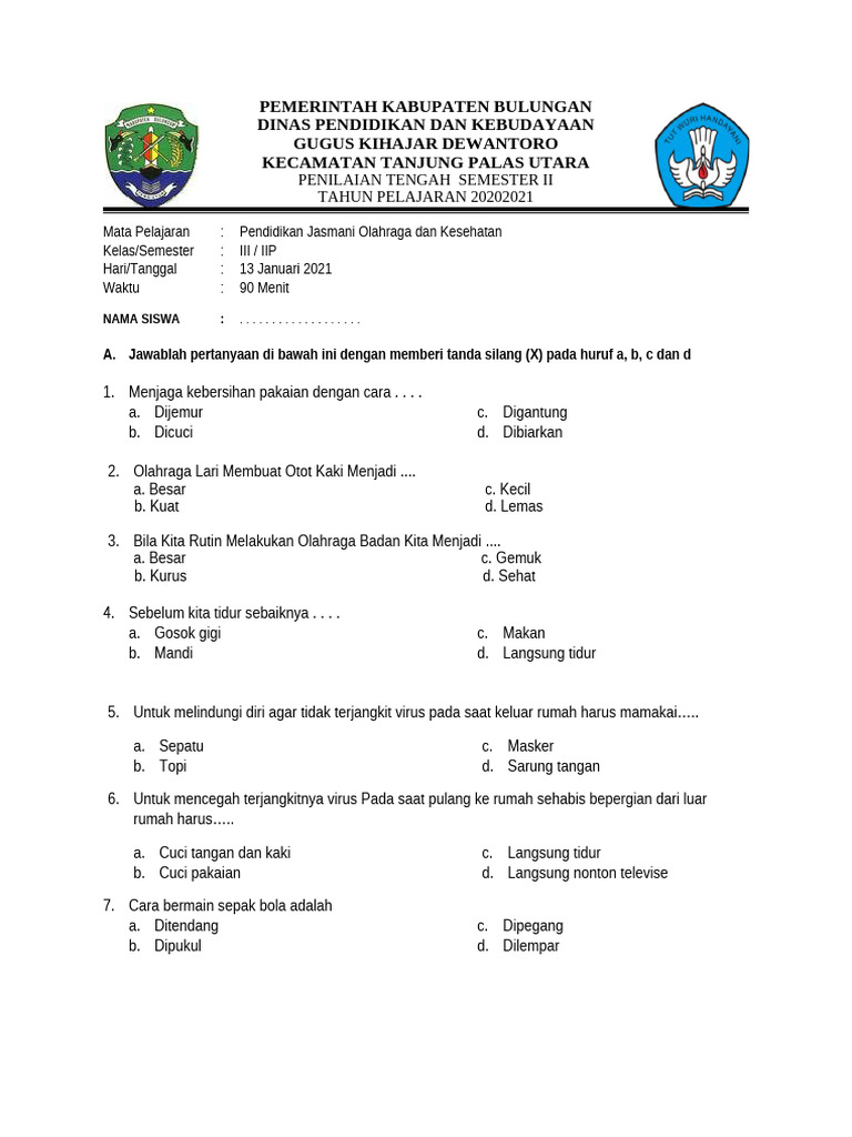 Soal Pts Pjok Kelas 4 Sms 2 | PDF