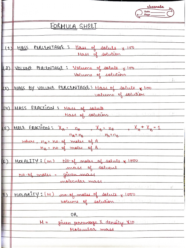 FORMULA SHEET (Chapter-Solutions) | PDF
