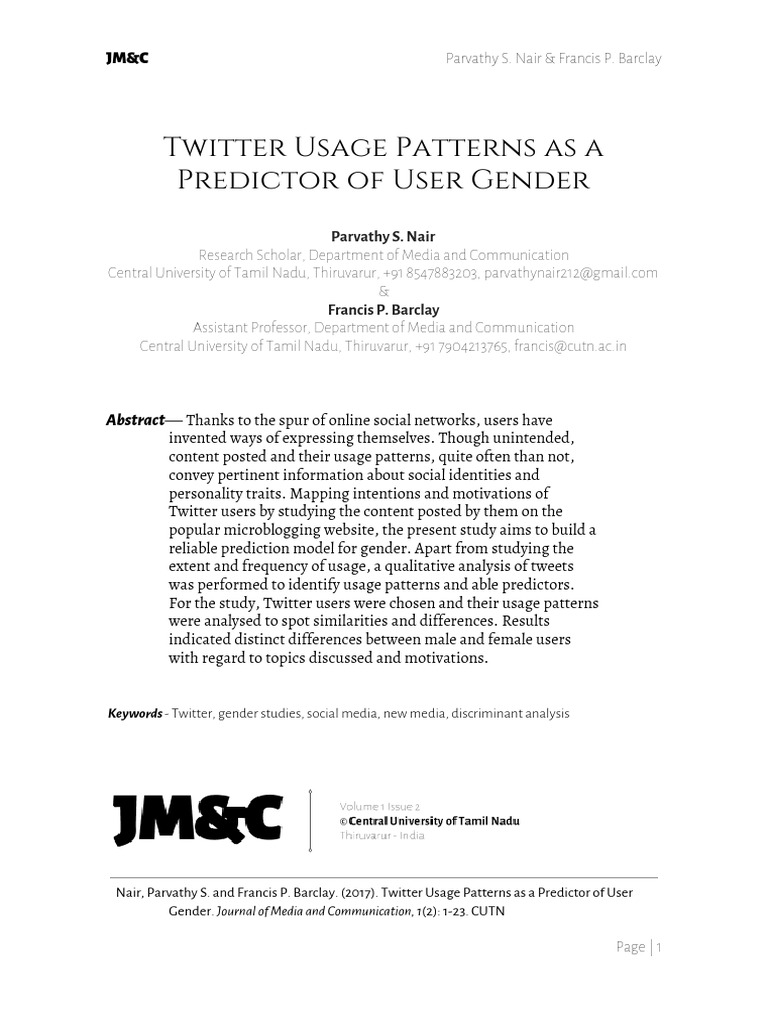 Twitter Usage Patterns As A Predictor of User Gender | PDF