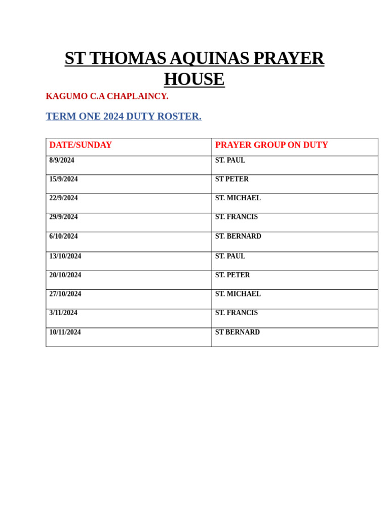 Church Duty Roster | PDF